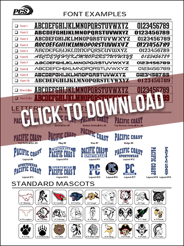 Sizing, Fonts & Color Charts | Pacific Coast Sportswear